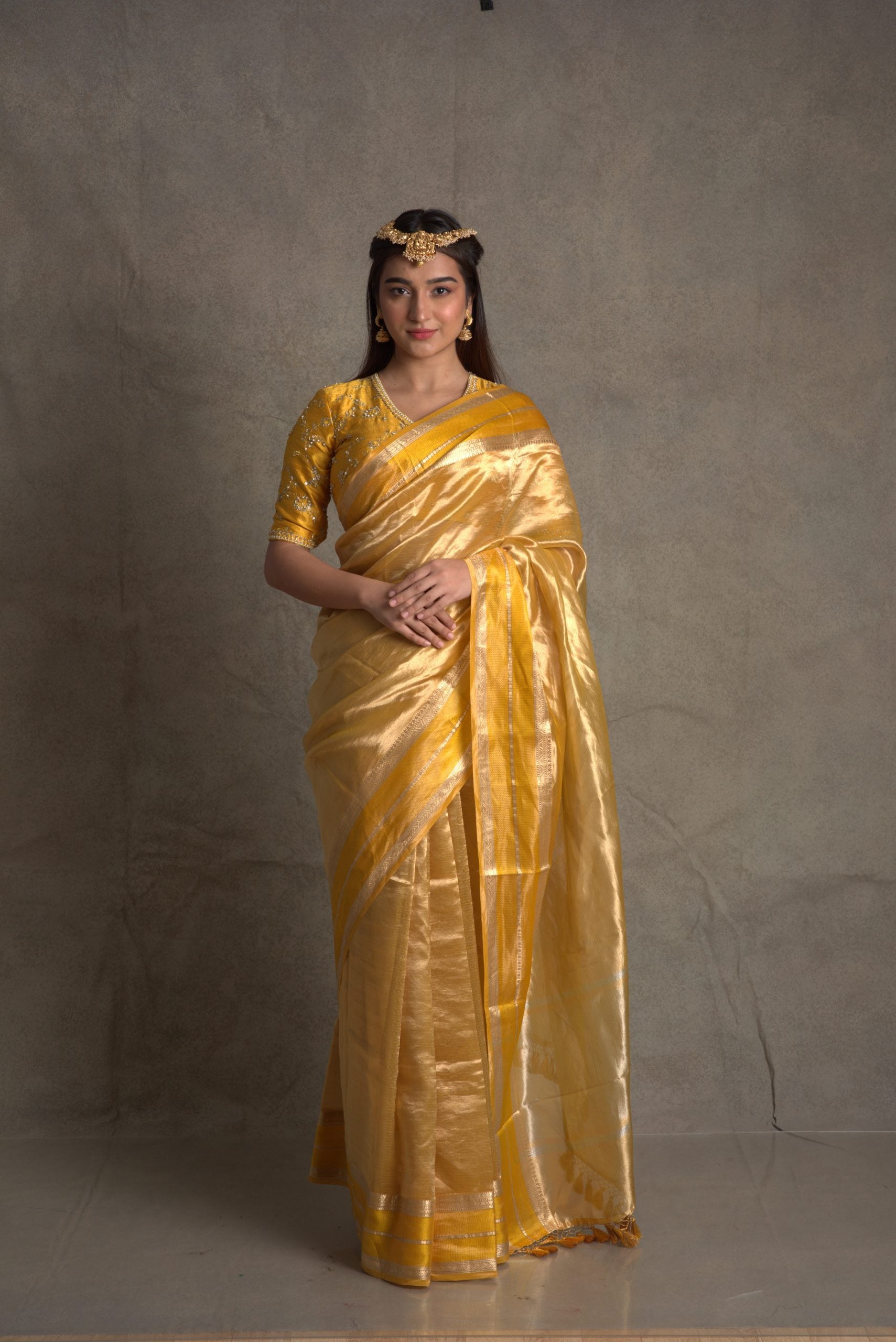 Buy Aurum Amber Golden Yellow Tissue Banarasi Silk Saree with Katan Borders - Wedding Wear for ...